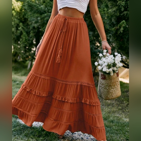Skirts | New Boho Flowy Ruffle Lace Long Skirt Red Rust Orange | Poshmark